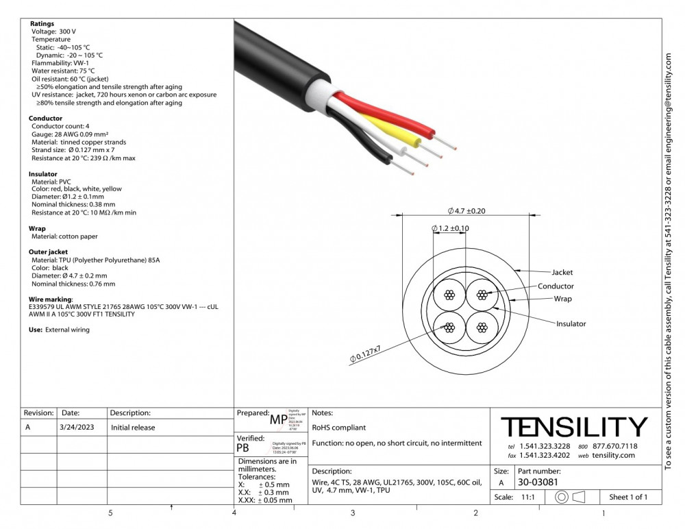 Tensility International 30-03081 cable specification and product drawing