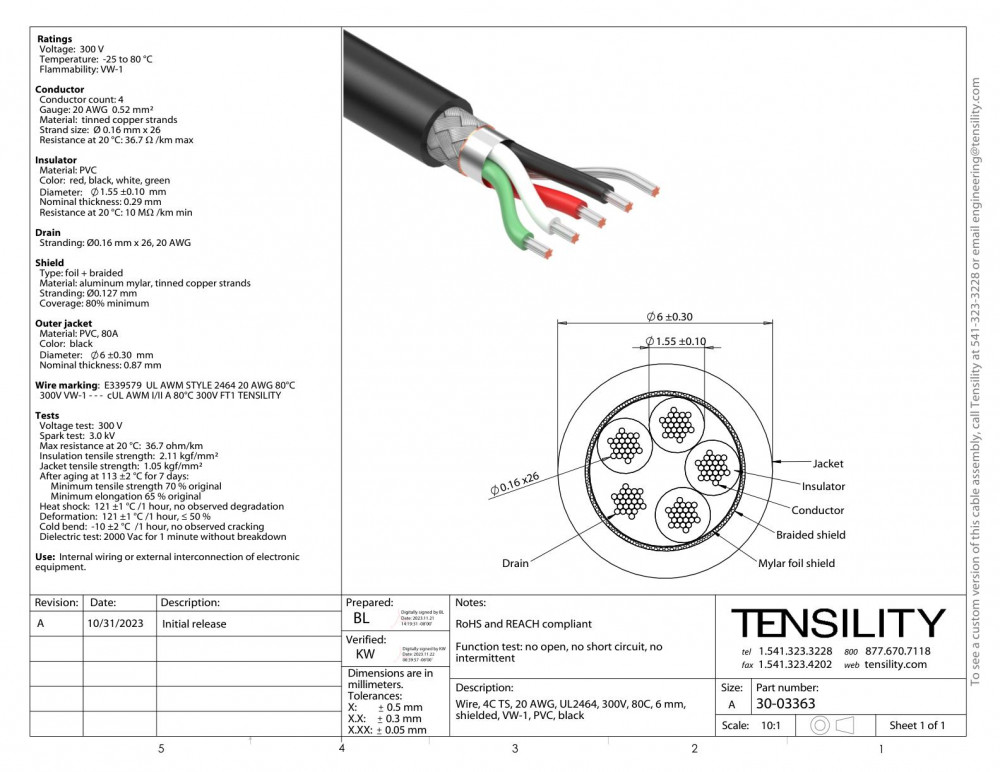 Tensility International 30-03363 cable drawing and specification image