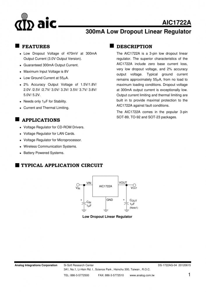 AIC1722A datasheet page 1