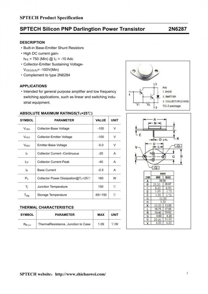 2N6287 SPTECH datasheet page 1