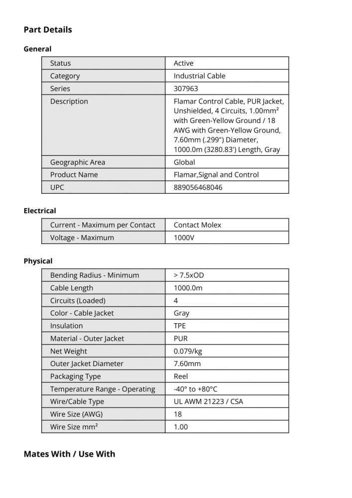 Technical document page 2 for Molex cable model 1552300174