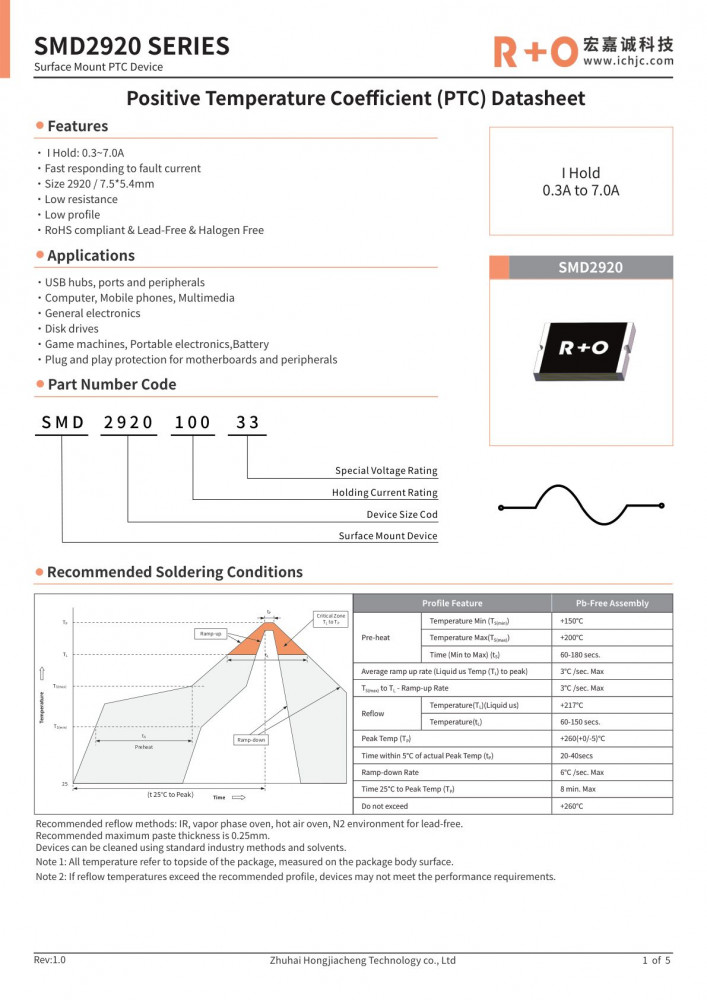 R+O SMD2920 PTC datasheet page 1