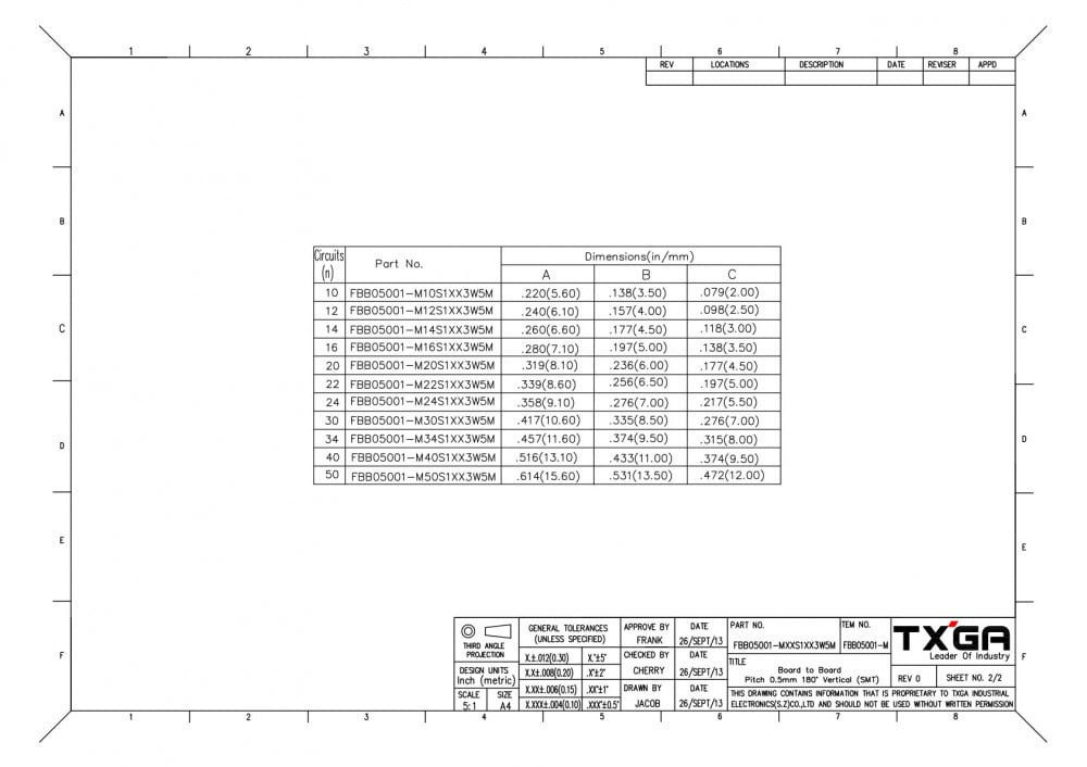 TXGA FBB05001 dimension document page 2
