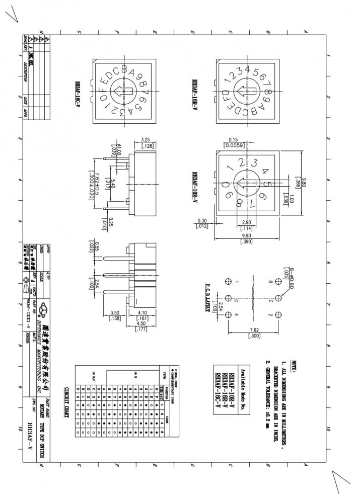 Diptronics RH3AF-16R-V-B technical drawing page