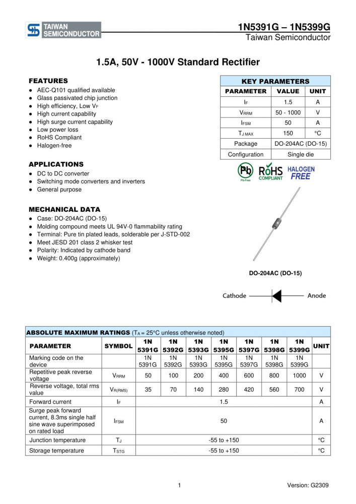 1N5398G technical document, page 1