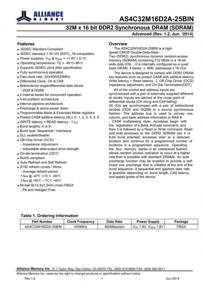 AS4C32M16D2A-25BIN datasheet page 1
