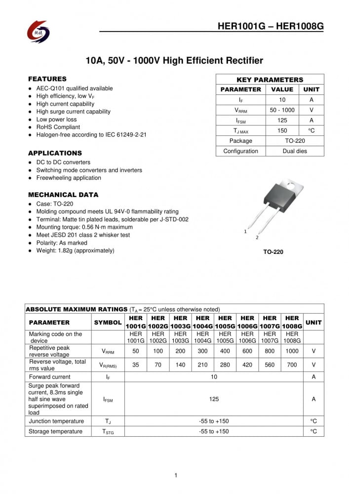 HER1008 datasheet page 1