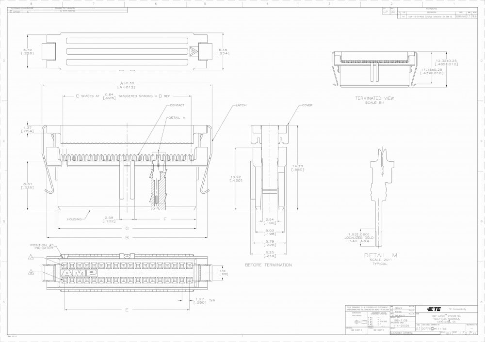 TE Connectivity drawing page 1 for AMP-LATCH System 50 receptacle assembly