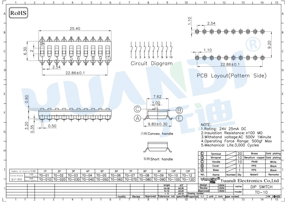 YUANDI TO-10 DIP switch technical drawing