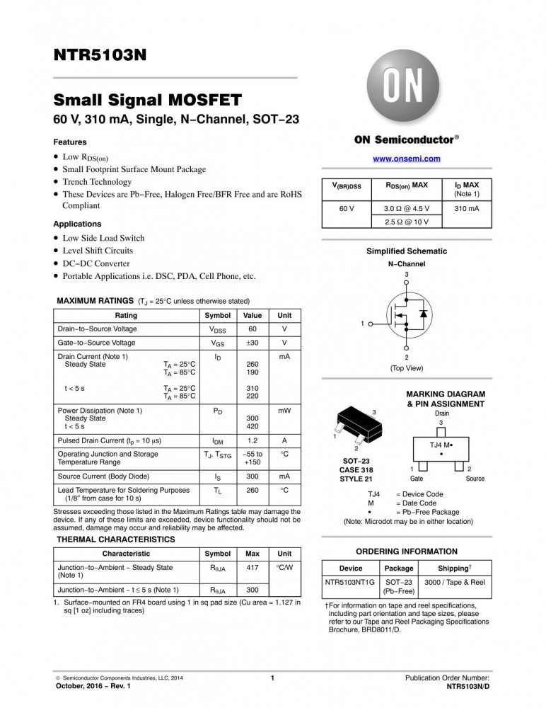 NTR5103NT1G datasheet page 1