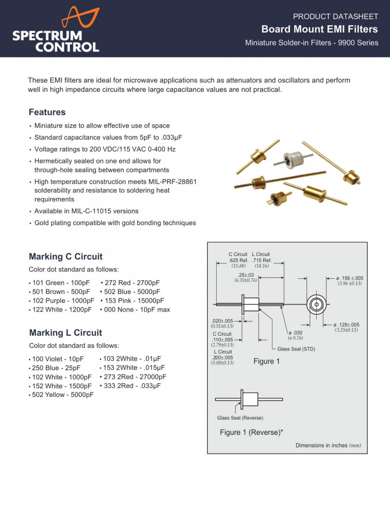 Spectrum Control miniature solder-in EMI filter technical document page 1