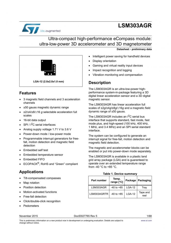 LSM303AGRTR datasheet page 1
