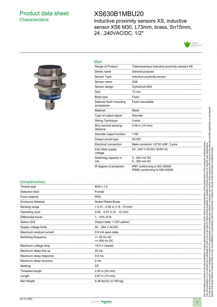 XS630B1MBU20 product documentation page 1