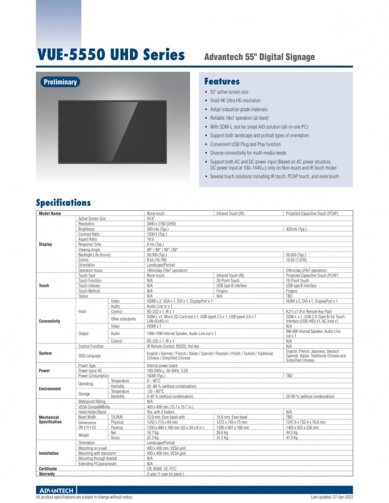 VUE-5550-UD50IX-V0 technical datasheet page 1