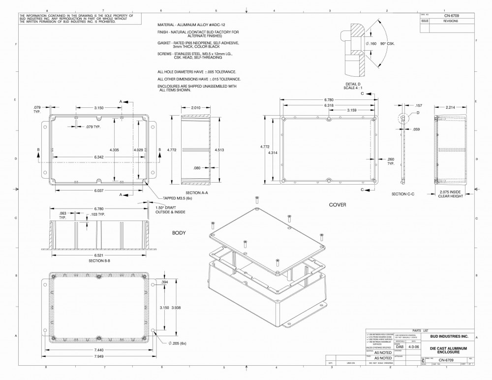 Bud Industries CN-6709 enclosure technical drawing