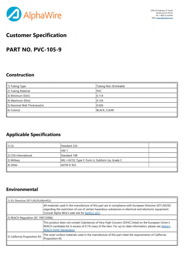 Alpha Wire PVC-105-9 technical document page 1