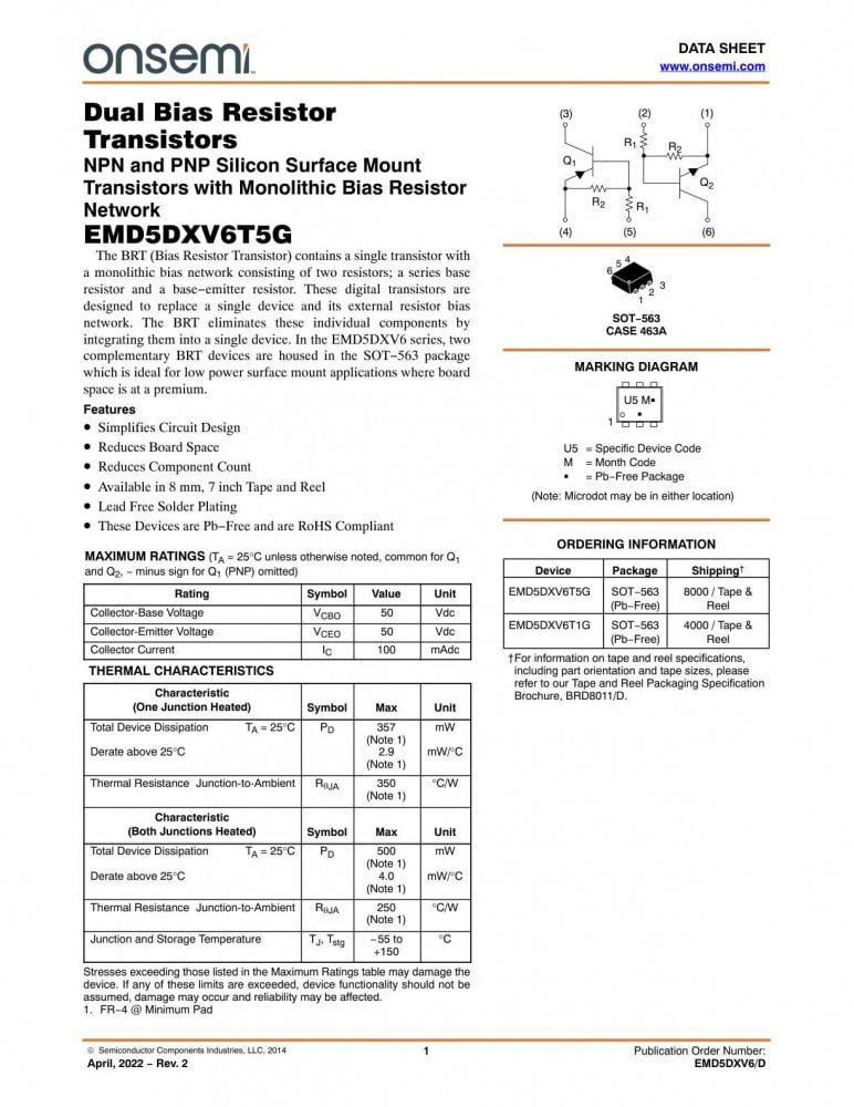 EMD5DXV6T5G datasheet page 1