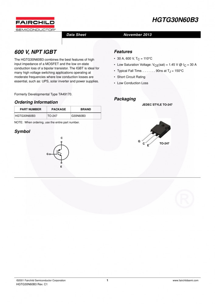 HGTG30N60B3 datasheet page 1