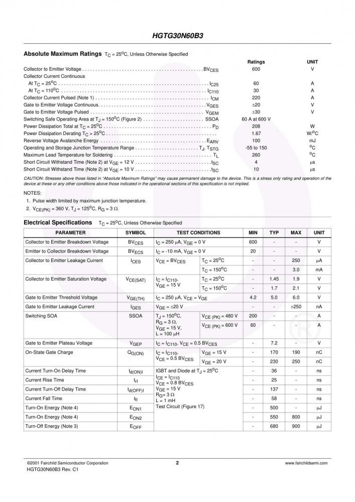HGTG30N60B3 datasheet page 2