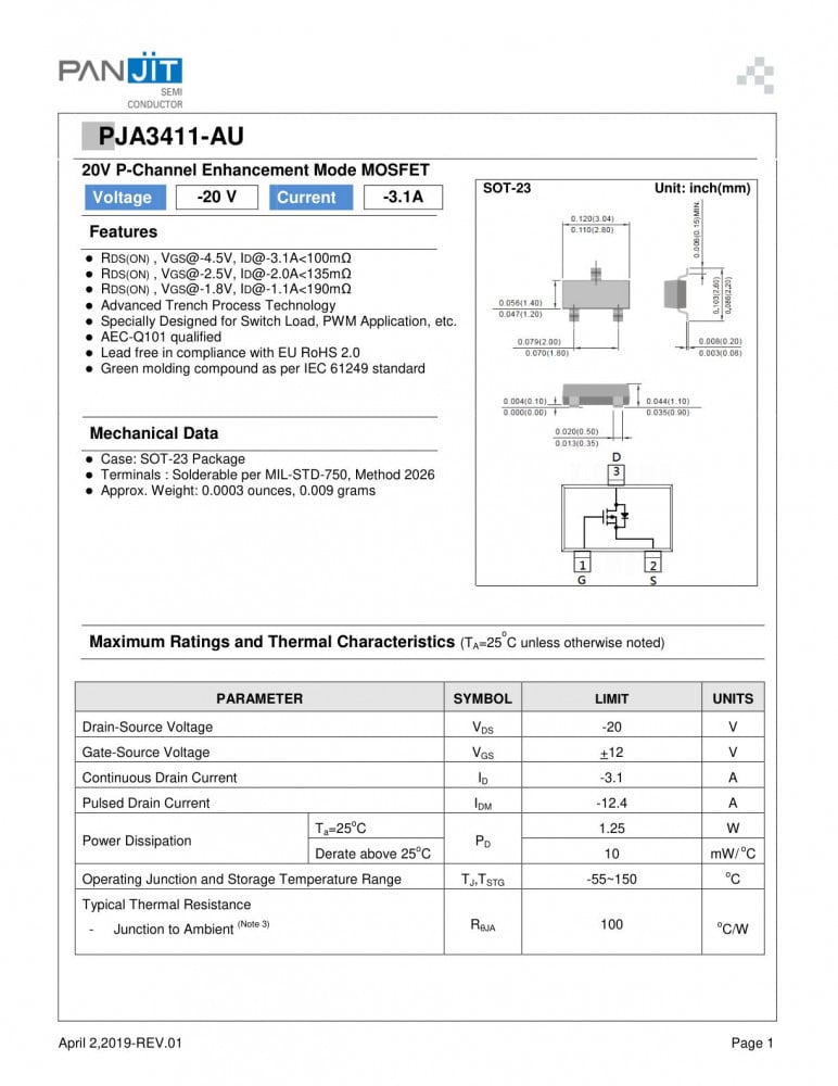 PJA3411-AU datasheet page 1