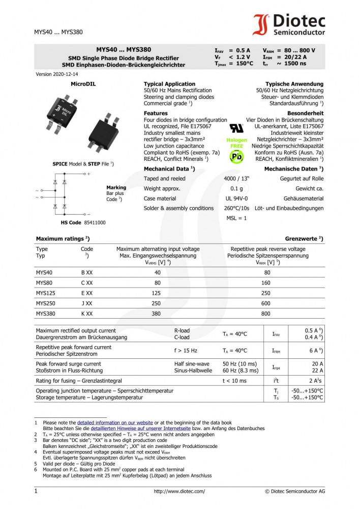 DIOTEC MYS250 datasheet page 1