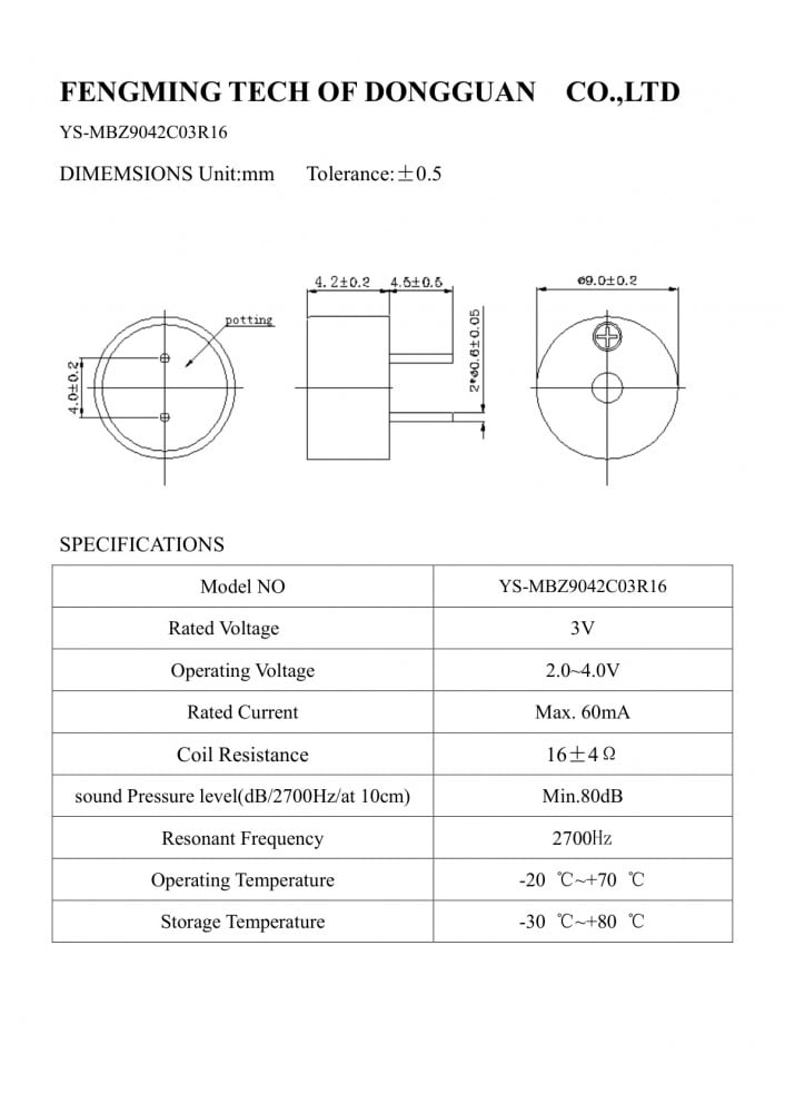 YS-MBZ9042C03R16 specification document page 2