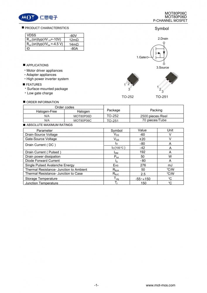 MOT80P06D datasheet page 1