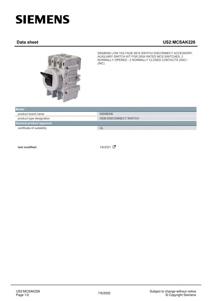 SIEMENS MCSAK226 product data sheet page 1