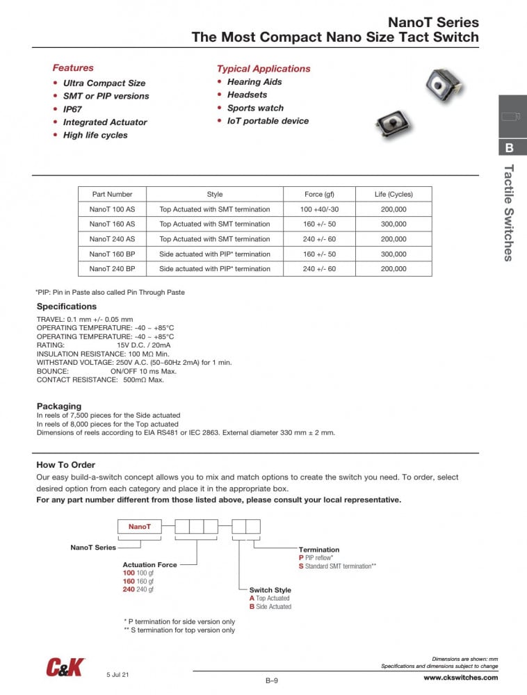 C&K NanoT series technical document page 1