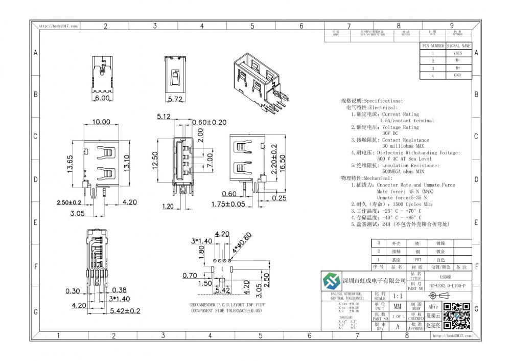HC-USB2.0-L100-P technical drawing page