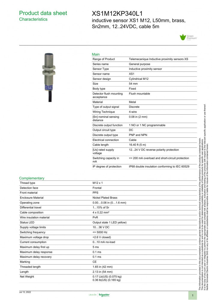 XS1M12KP340L1 technical document page 1