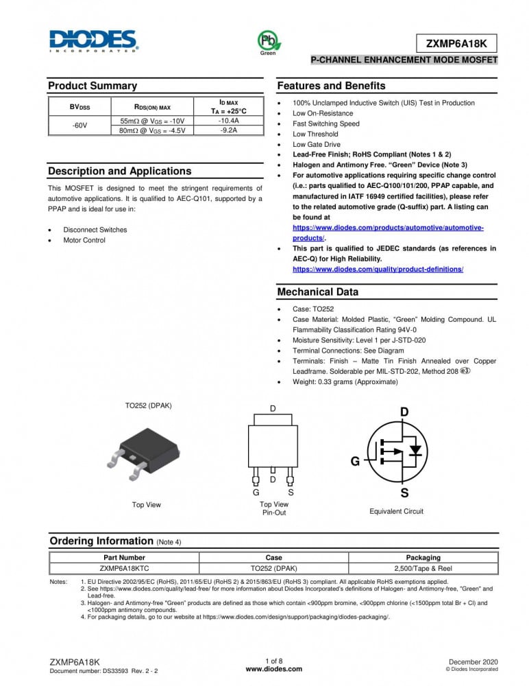 ZXMP6A18KTC datasheet page 1
