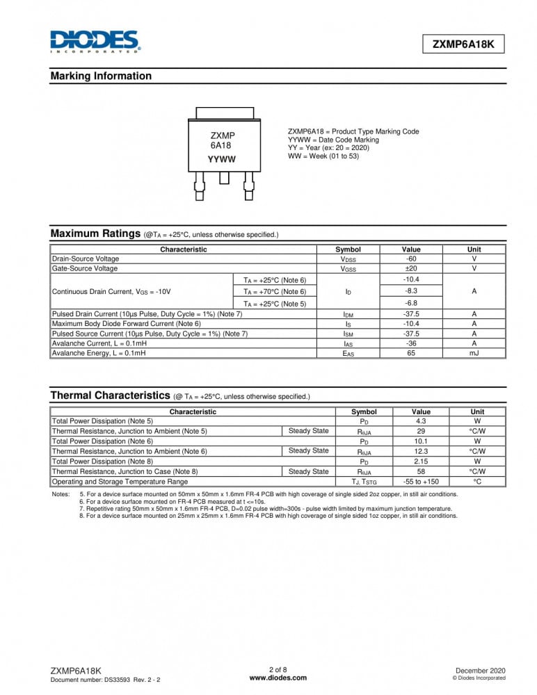 ZXMP6A18KTC datasheet page 2