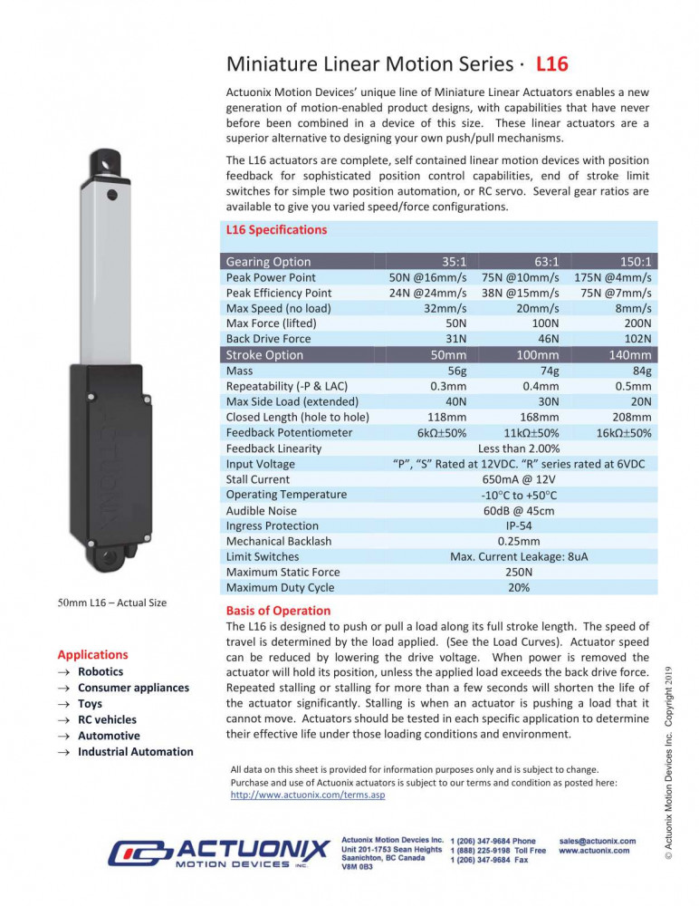 Actuonix L16 datasheet page 1