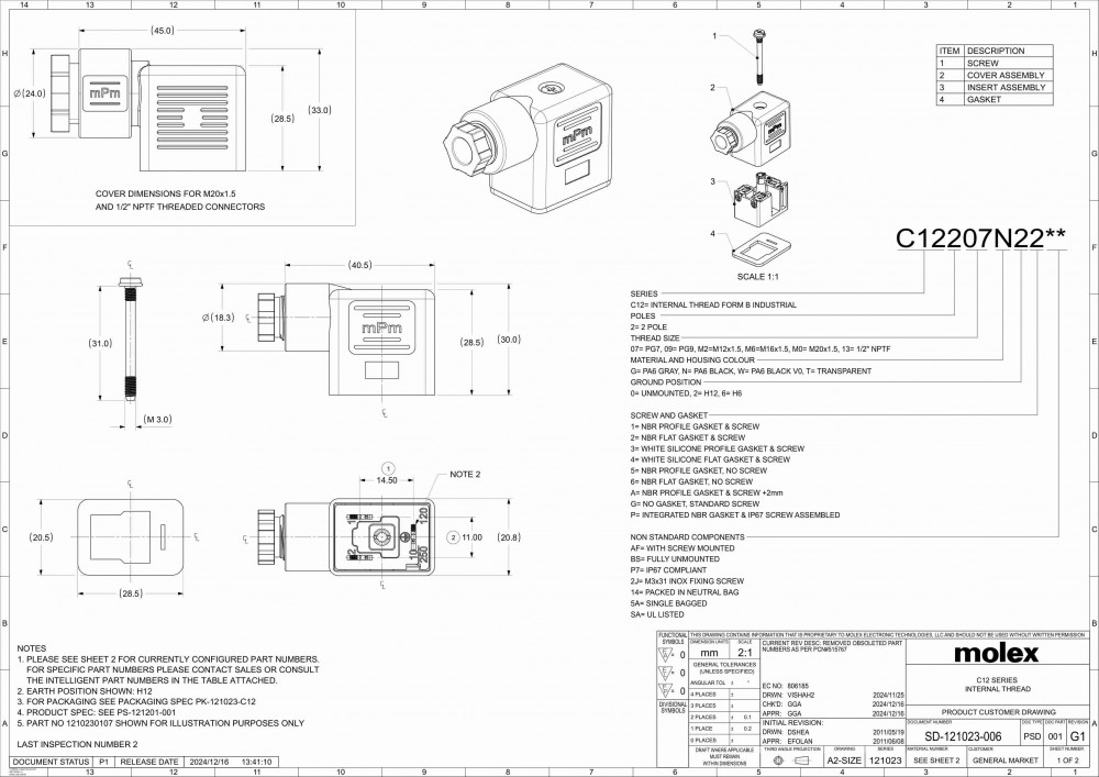 C12 Series connector technical drawing, page 1