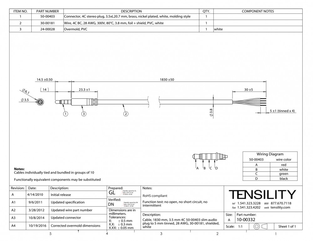 Tensility International 10-00332 cable assembly drawing
