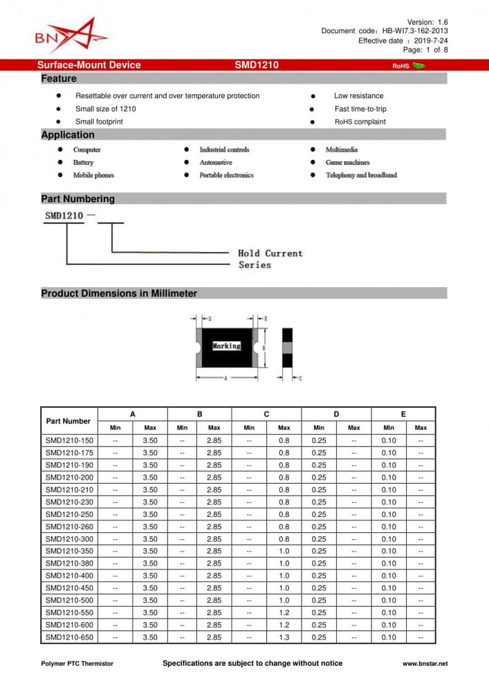 BNstar SMD1210 datasheet page 1