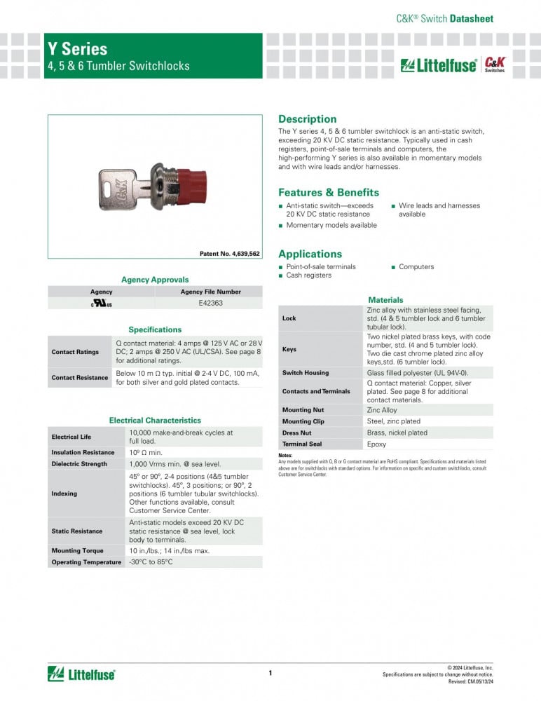 C&K Y Series switchlock document page 1