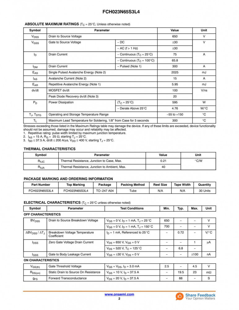 FCH023N65S3L4 datasheet page 2