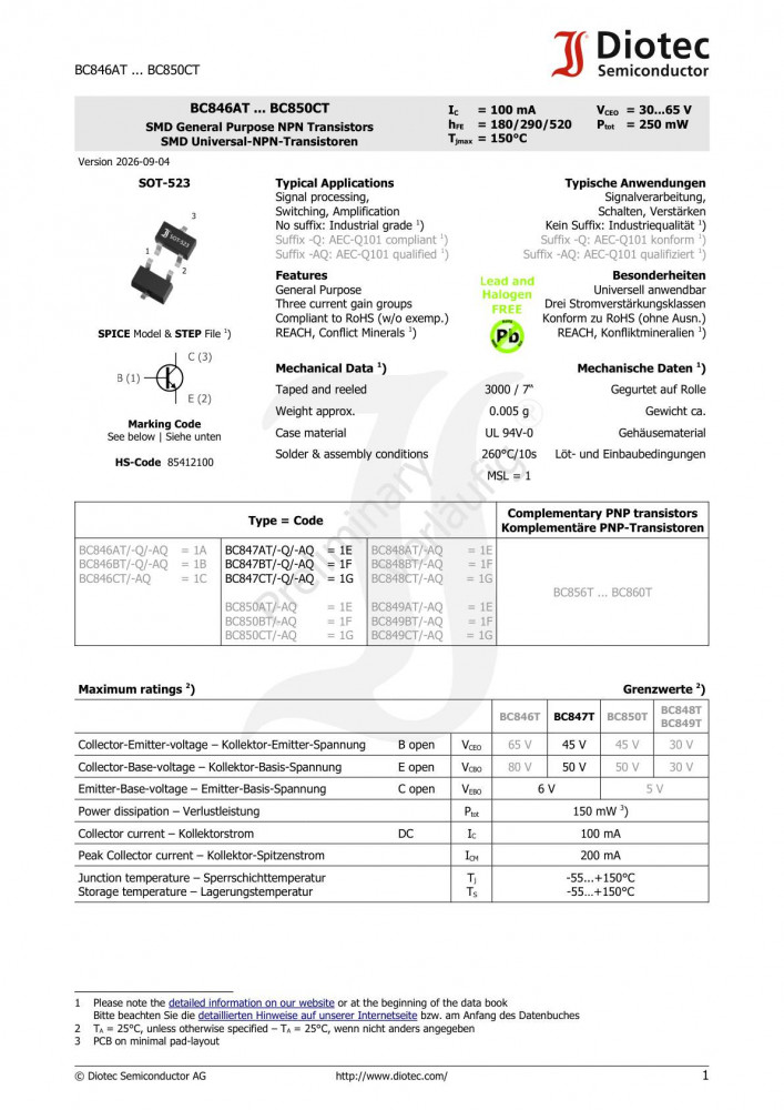 BC847AT family datasheet page 1