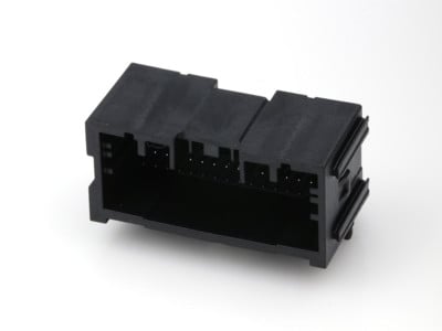 Mini50 Unsealed Right-Angle Hybrid Header, UL 94 HB, 34 Circuits / 32 Loaded, 30 x 0.50mm Blades, 2 x 1.20mm Blades, Polarization C, Dark Gray, Tape and Reel