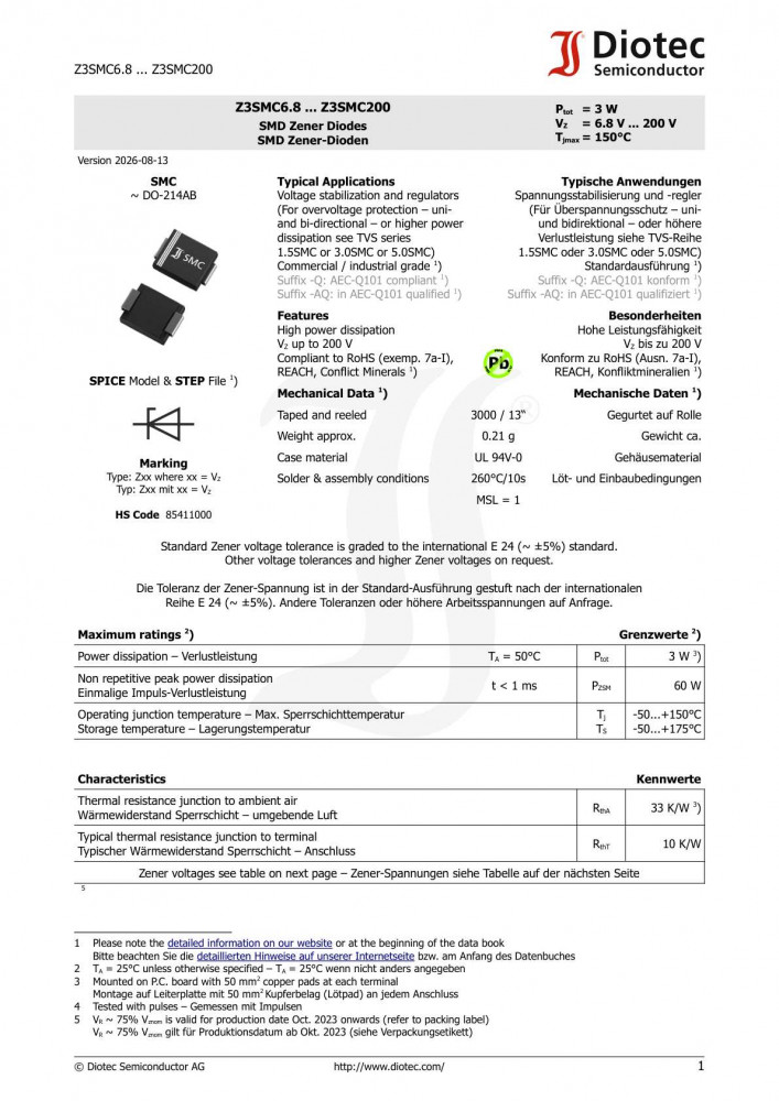 DIOTEC Z3SMC series datasheet page 1