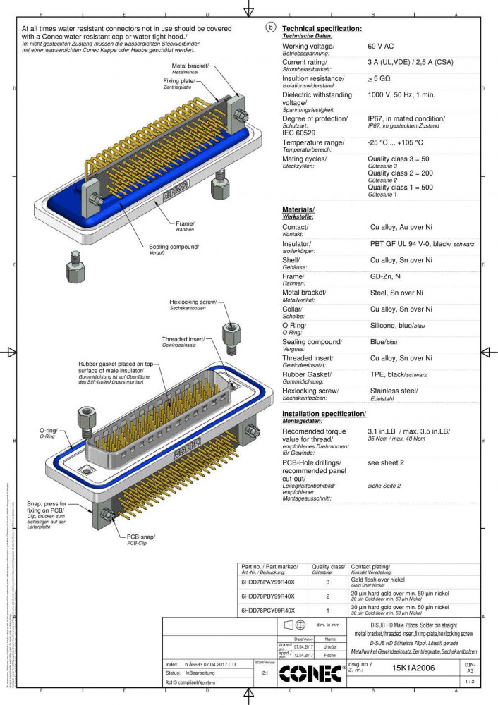 Conec 6HDD78PAY99R40X technical drawing, sheet 1