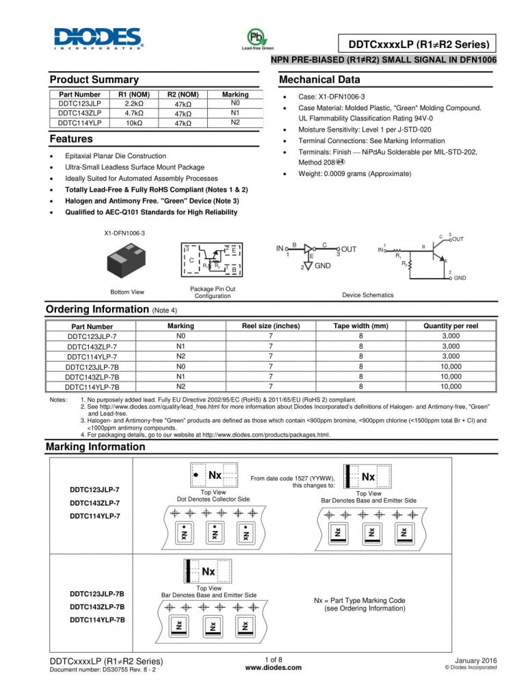 DDTC114YLP-7 datasheet page 1