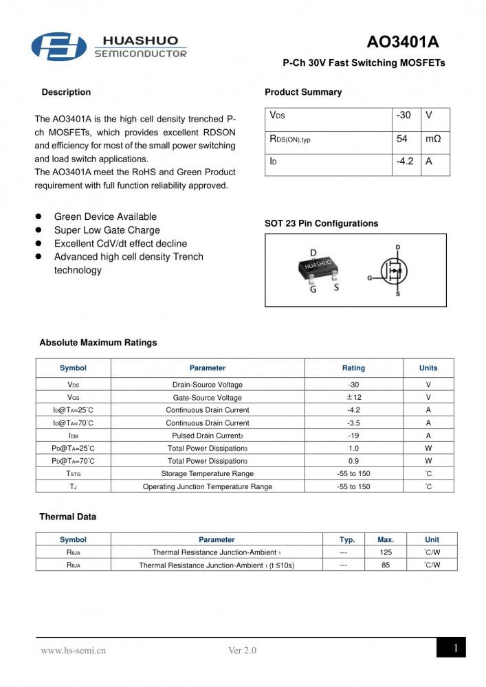 AO3401A datasheet page 1