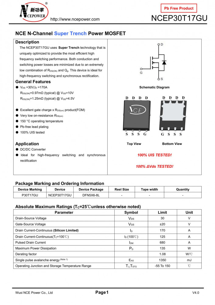 NCEP30T17GU datasheet page 1