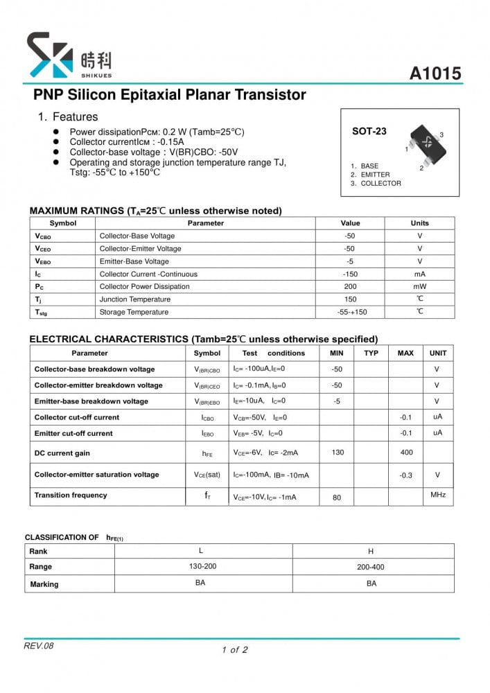 A1015 datasheet page one