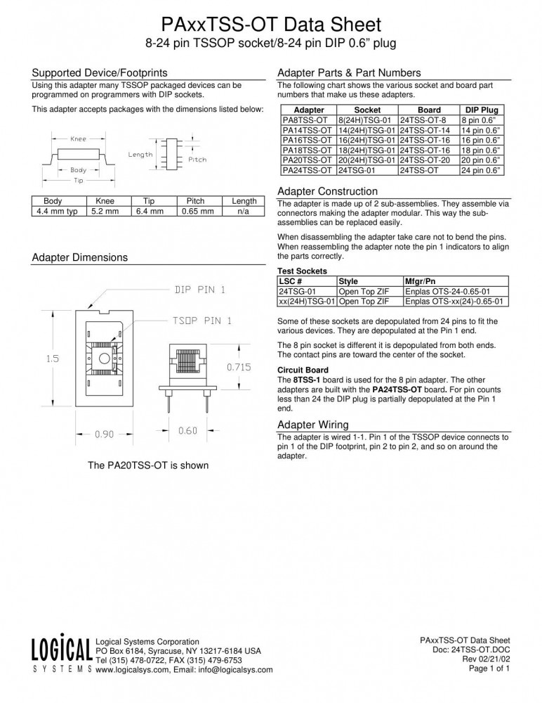 PAxxTSS-OT datasheet page showing TSSOP package and adapter information