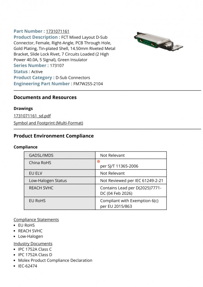 MOLEX 1731071161 product drawing preview, page 1