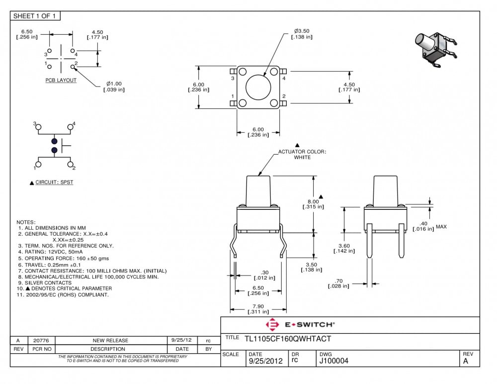 E-Switch TL1105CF160Q technical drawing